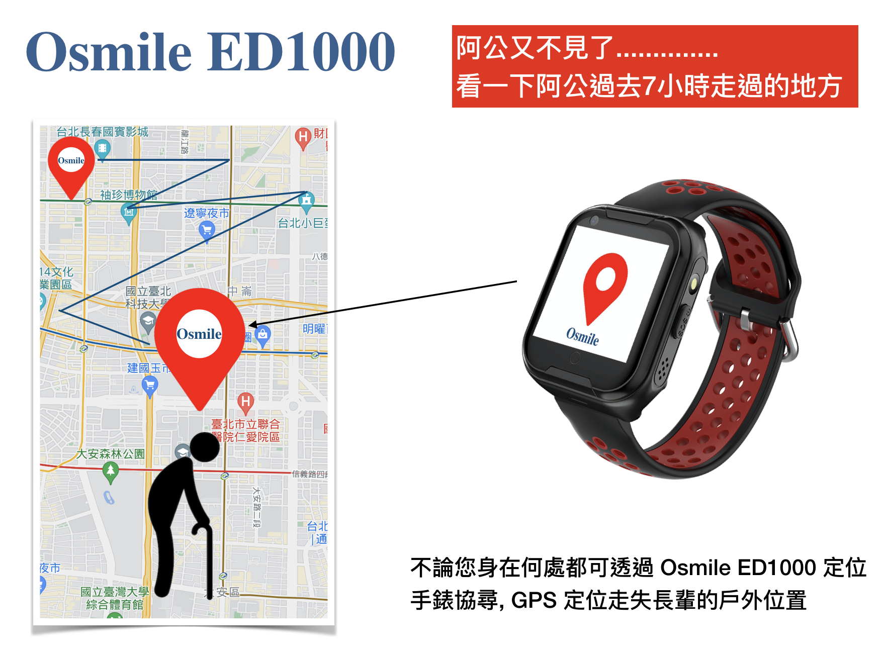 Osmile_ED1000 長者防走失定位緊急求救智慧手錶 (防水輔具沖澡款)